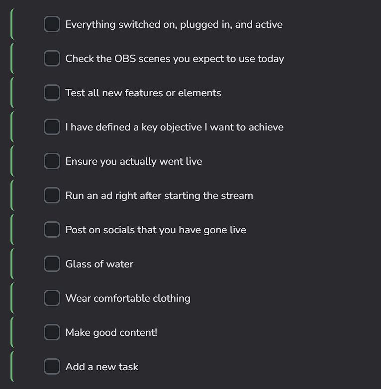 Prestream checklist from DoubleAlphaLive | Blog - StreamRoutine